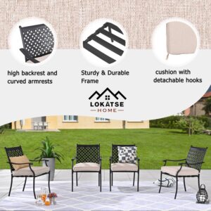 LOKATSE HOME 4 Piece Outdoor Patio Metal Wrought Iron Dining Chair Set with Arms and Seat Cushions - Beige