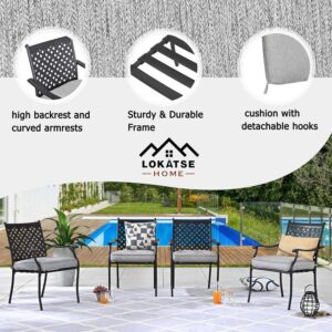 LOKATSE HOME 4 Piece Outdoor Patio Metal Wrought Iron Dining Chair Set with Arms and Seat Cushions - Grey