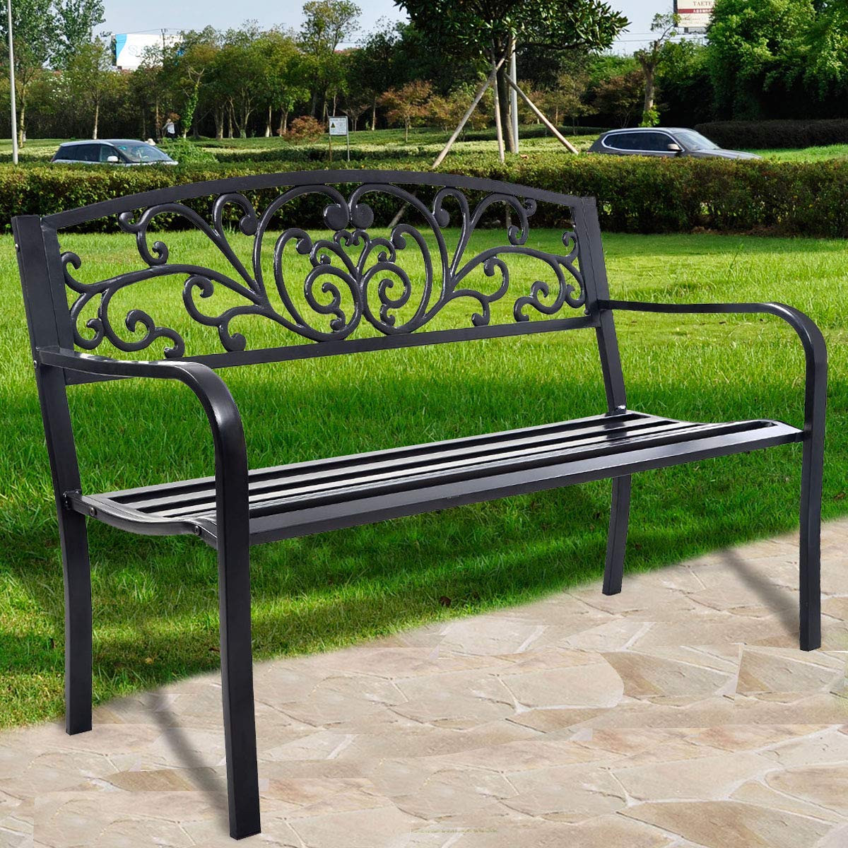 Wenst'sKufAN 50" Patio Garden Bench Park Patio Yard Furniture Decor Powder-Coated Cast Iron Black