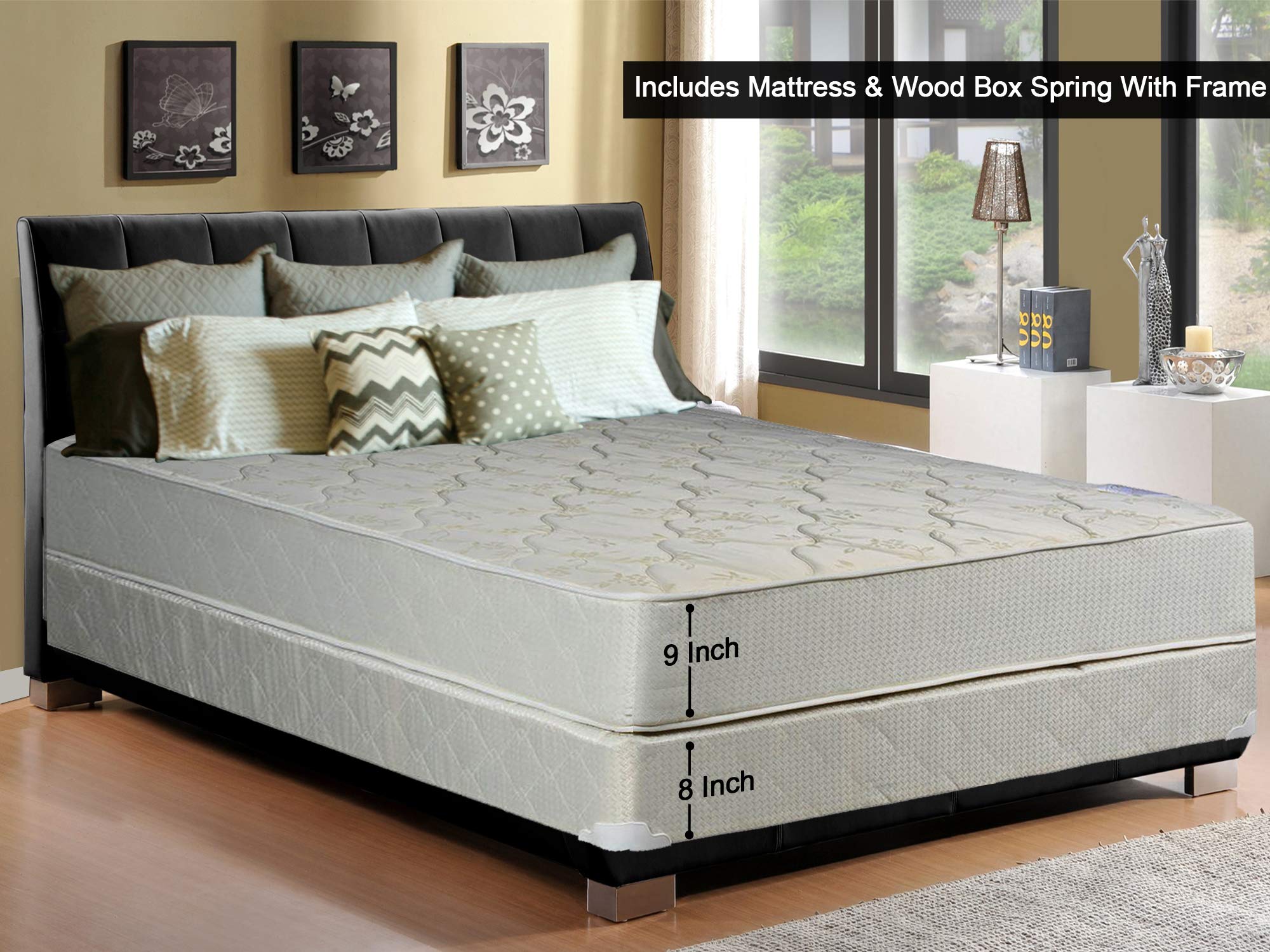 Mayton 9-Inch Gentle Firm Tight top Innerspring Mattress And 8-Inch Wood Box Spring/Foundation Set With Frame Full