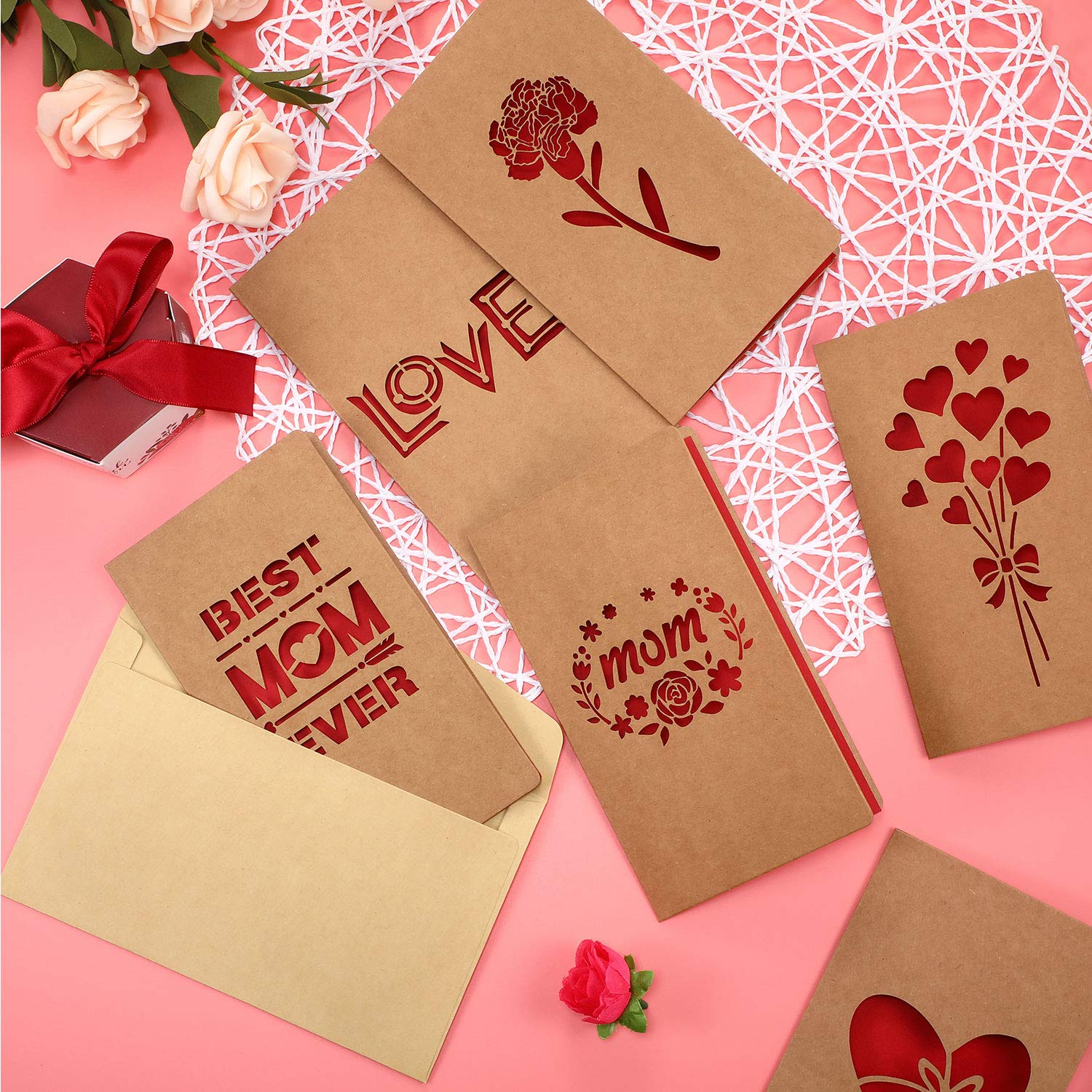 Chinco Mother's Day Greeting Gift Cards,6 Unique Assorted Kraft Die Cut Design Mother's Day Gift Best Mom Ever Cards for Mothers Day Mothers Birthday Party Supplies, Envelopes Included（12 Pieces）