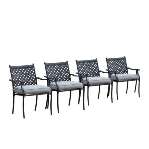 lokatse home 4 piece outdoor patio metal wrought iron dining chair set with arms and seat cushions - grey