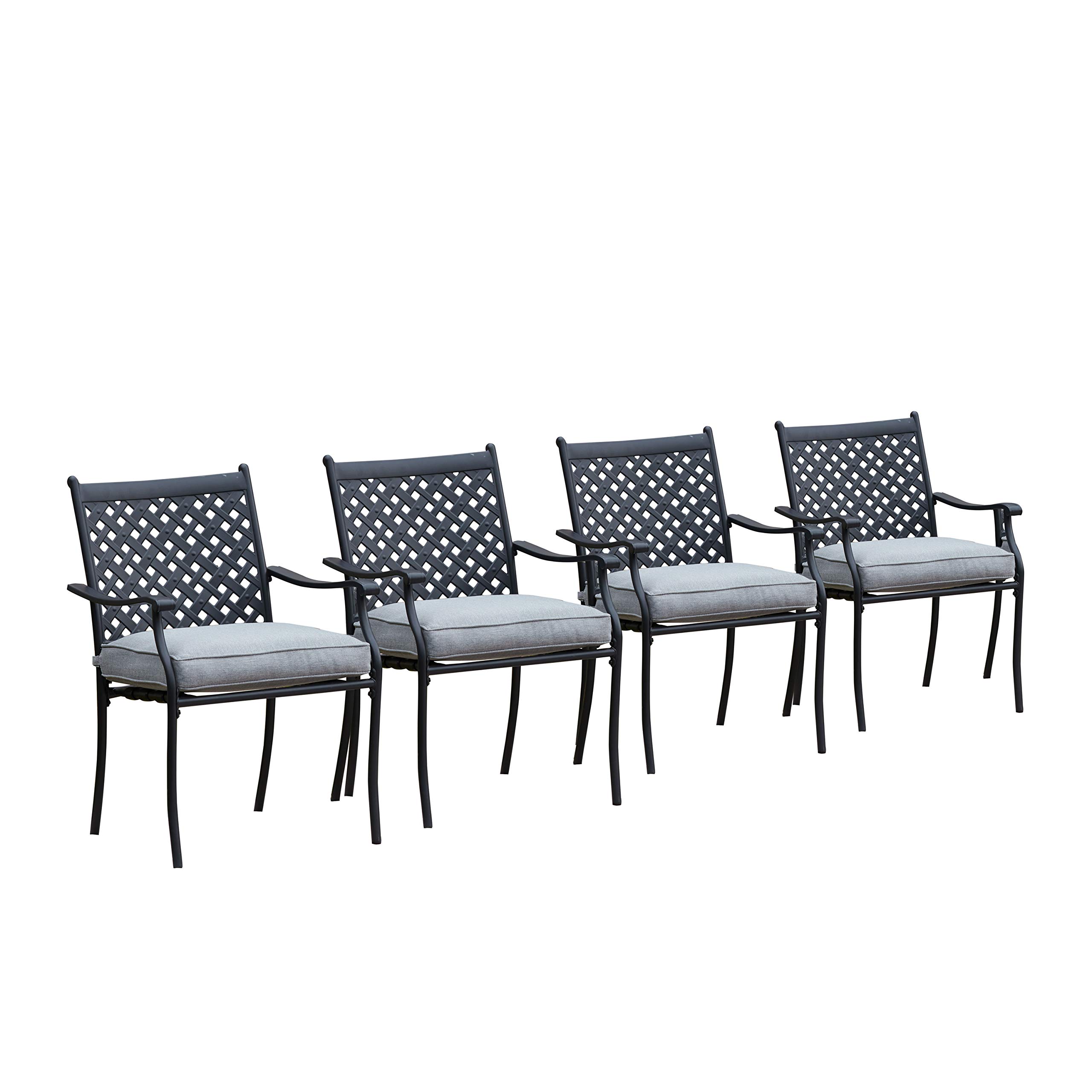 LOKATSE HOME 4 Piece Outdoor Patio Metal Wrought Iron Dining Chair Set with Arms and Seat Cushions - Grey