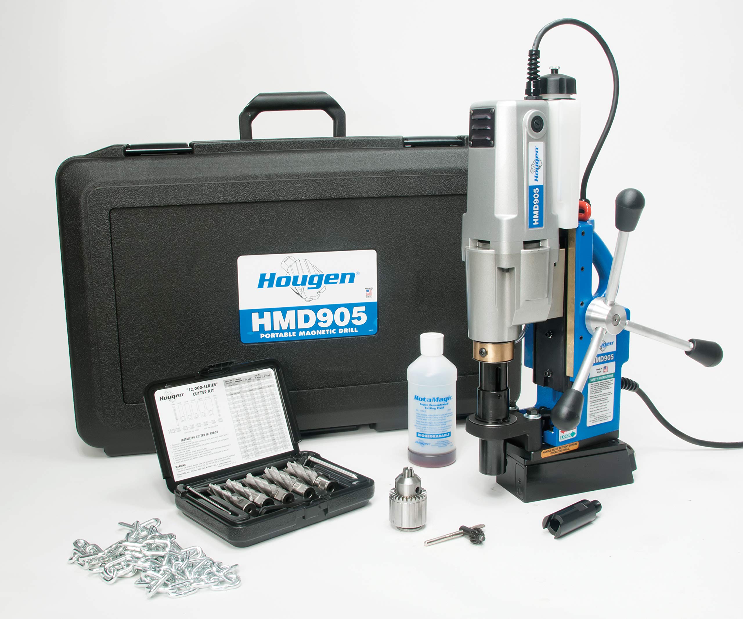 Hougen HMD905S 115-Volt Swivel Base Magnetic Drill with Coolant Bottle Plus 1/2" Drill Chuck, Adapter and 12002 Rotabroach Cutter Kit