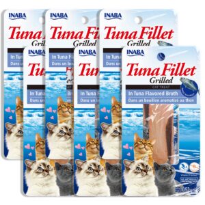 inaba premium hand-cut grilled tuna fillet cat treats/topper with vitamin e and green tea extract, 0.52 ounces each, pack of 6, tuna broth