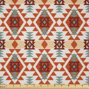 ambesonne tribal fabric by the yard, prehistoric traditional aztec folk motif geometric triangles native, microfiber fabric for arts and crafts textiles & decor, 1 yard, off white cinnamon seafoam