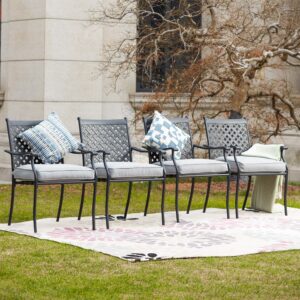 LOKATSE HOME 4 Piece Outdoor Patio Metal Wrought Iron Dining Chair Set with Arms and Seat Cushions - Grey