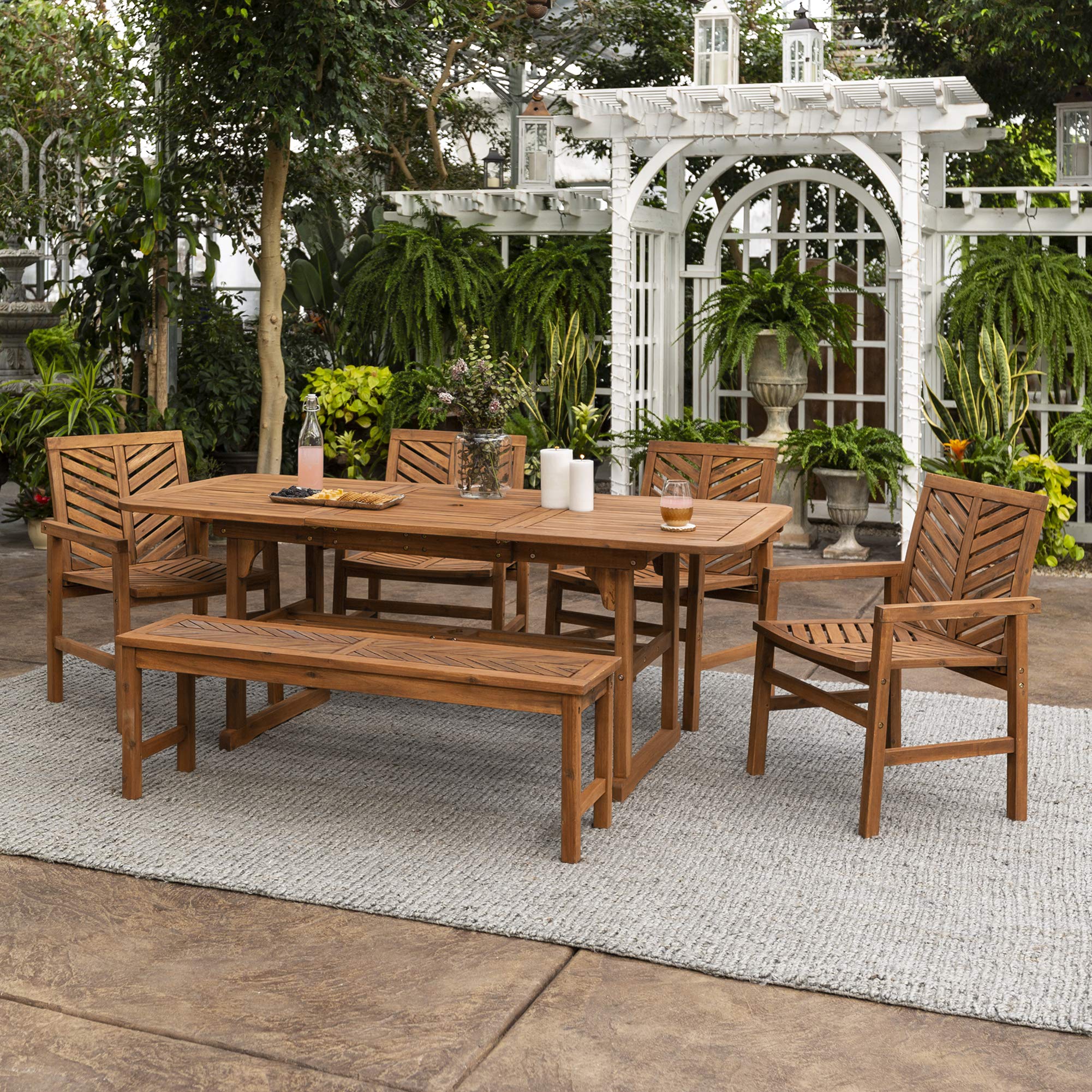 Walker Edison 7 Person Outdoor Wood Chevron Patio Furniture Dining Set Extendable Table Chairs Bench All Weather Backyard Conversation Garden Poolside Balcony, 6 Piece, Brown