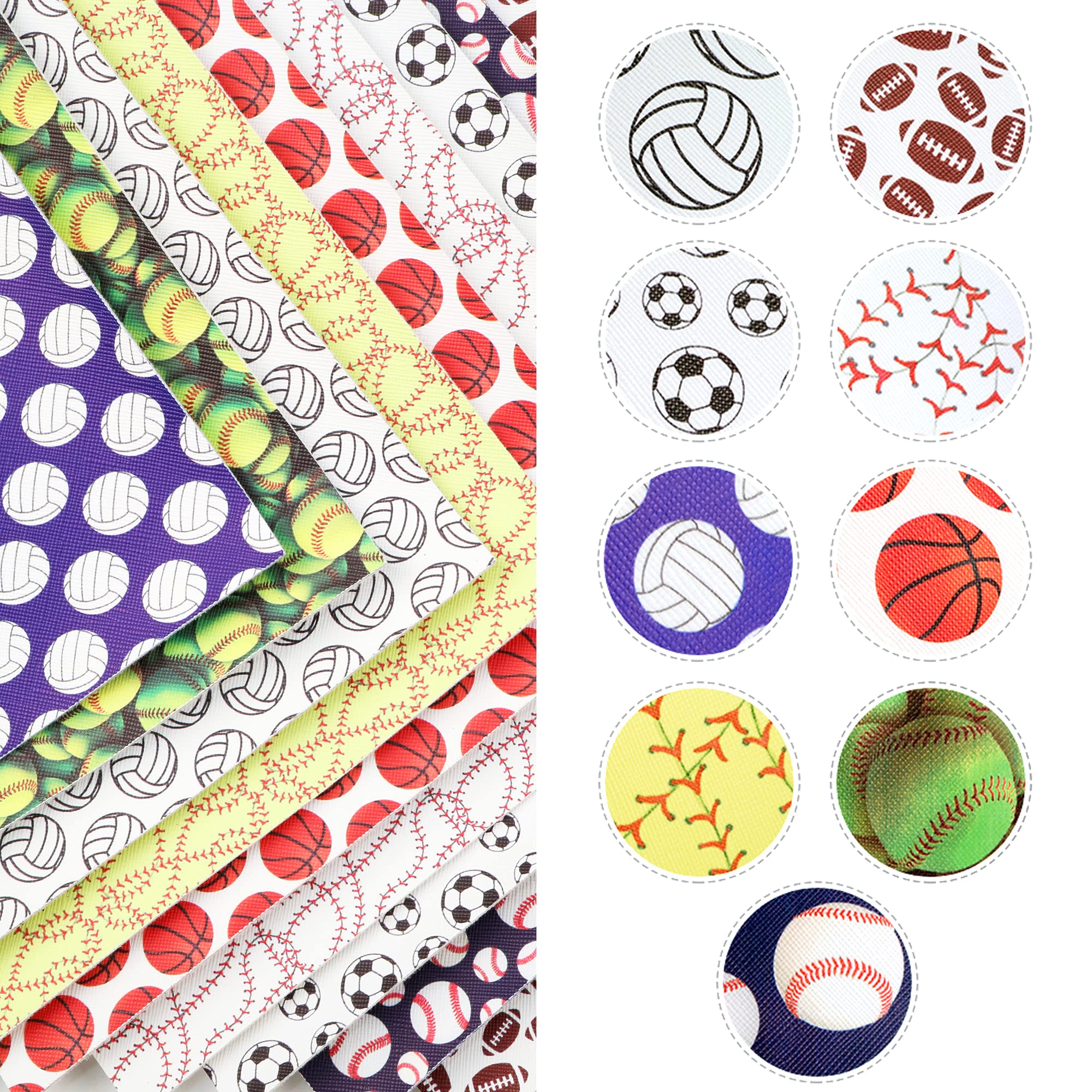 David Angie Ball Football Baseball Volleyball Printed Faux Leather Sheet 9 Pcs Assorted 8" x 13" (20 cm x 34 cm) Sports Theme Leather Fabric for Bags Earrings Making DIY Projects (Pattern A)