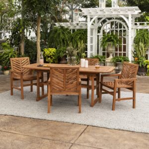 Walker Edison 4-6 Person Outdoor Wood Chevron Back Patio Furniture Dining Set Extendable Table Chairs All Weather Backyard Conversation Garden Poolside Balcony, 5 Piece, Brown