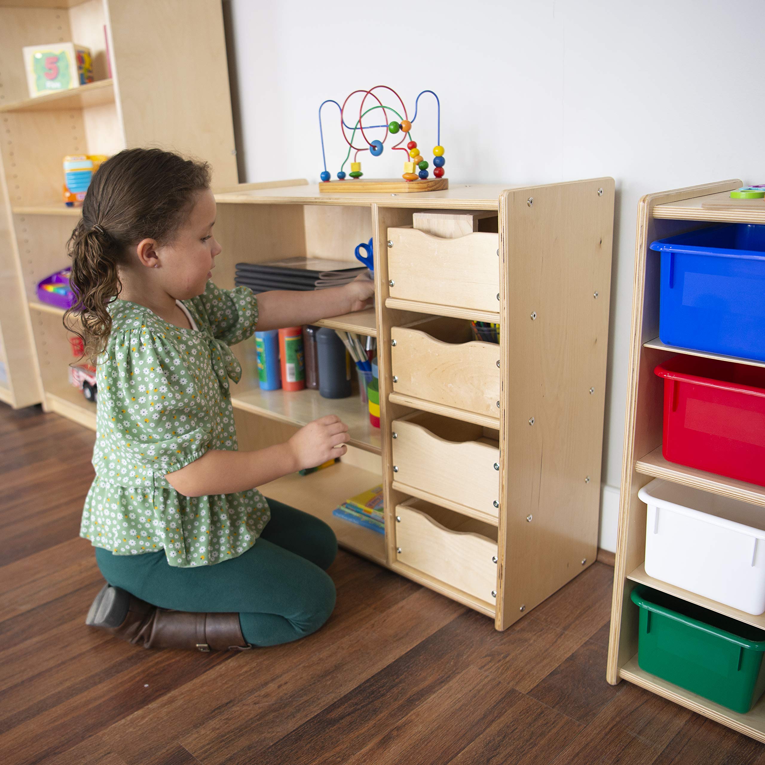 Contender Kids Bookshelf with Drawers, Wooden Bookcase Organizer for Daycare, Classroom, and Home, 3-Shelf for Toddlers and Preschool Books, Toys, and Supplies