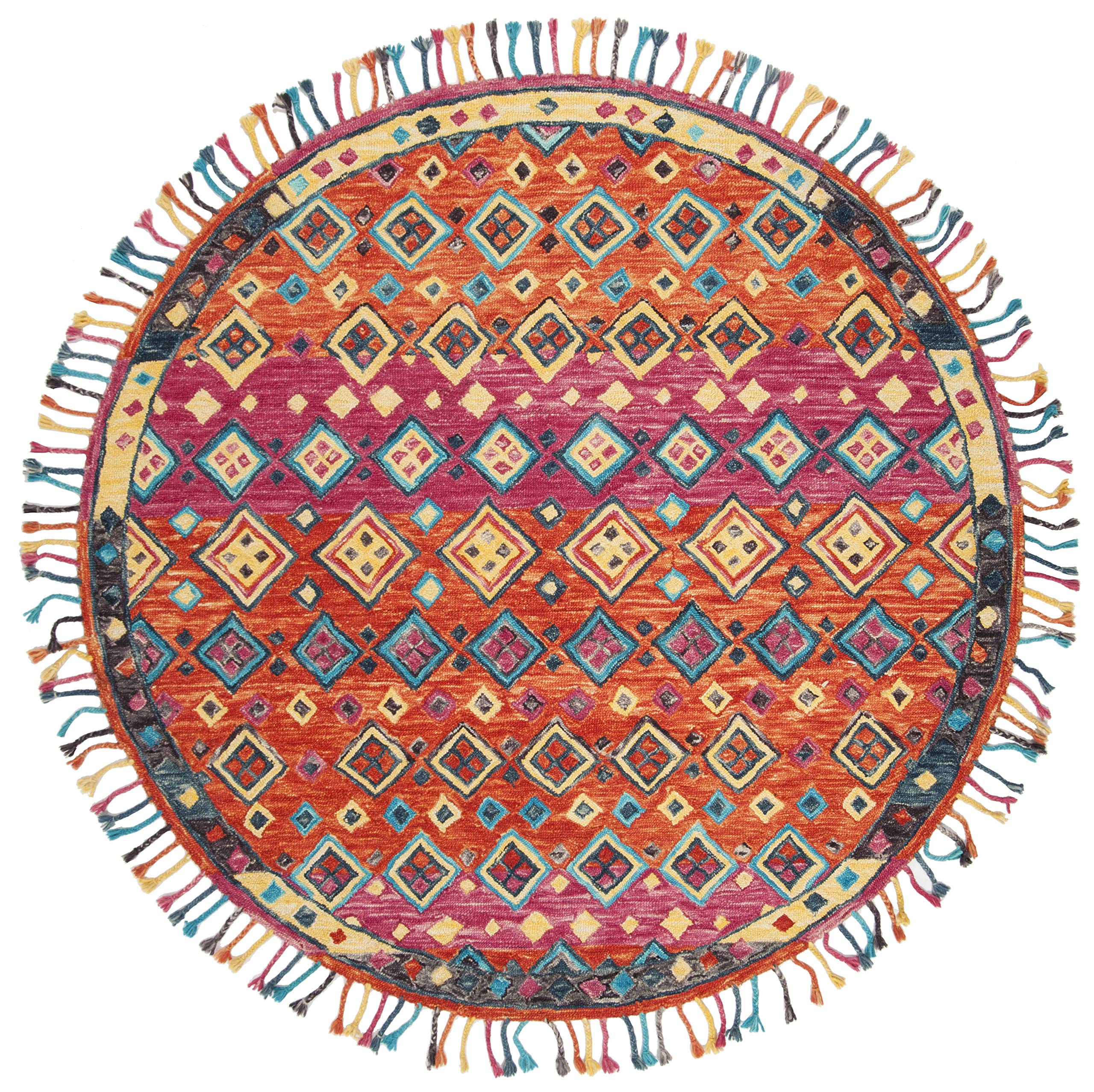 SAFAVIEH Aspen Collection Area Rug - 5' Round, Orange & Fuchsia, Handmade Boho Braided Tassel Wool, Ideal for High Traffic Areas in Living Room, Bedroom (APN138A)