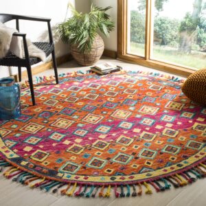 safavieh aspen collection area rug - 5' round, orange & fuchsia, handmade boho braided tassel wool, ideal for high traffic areas in living room, bedroom (apn138a)