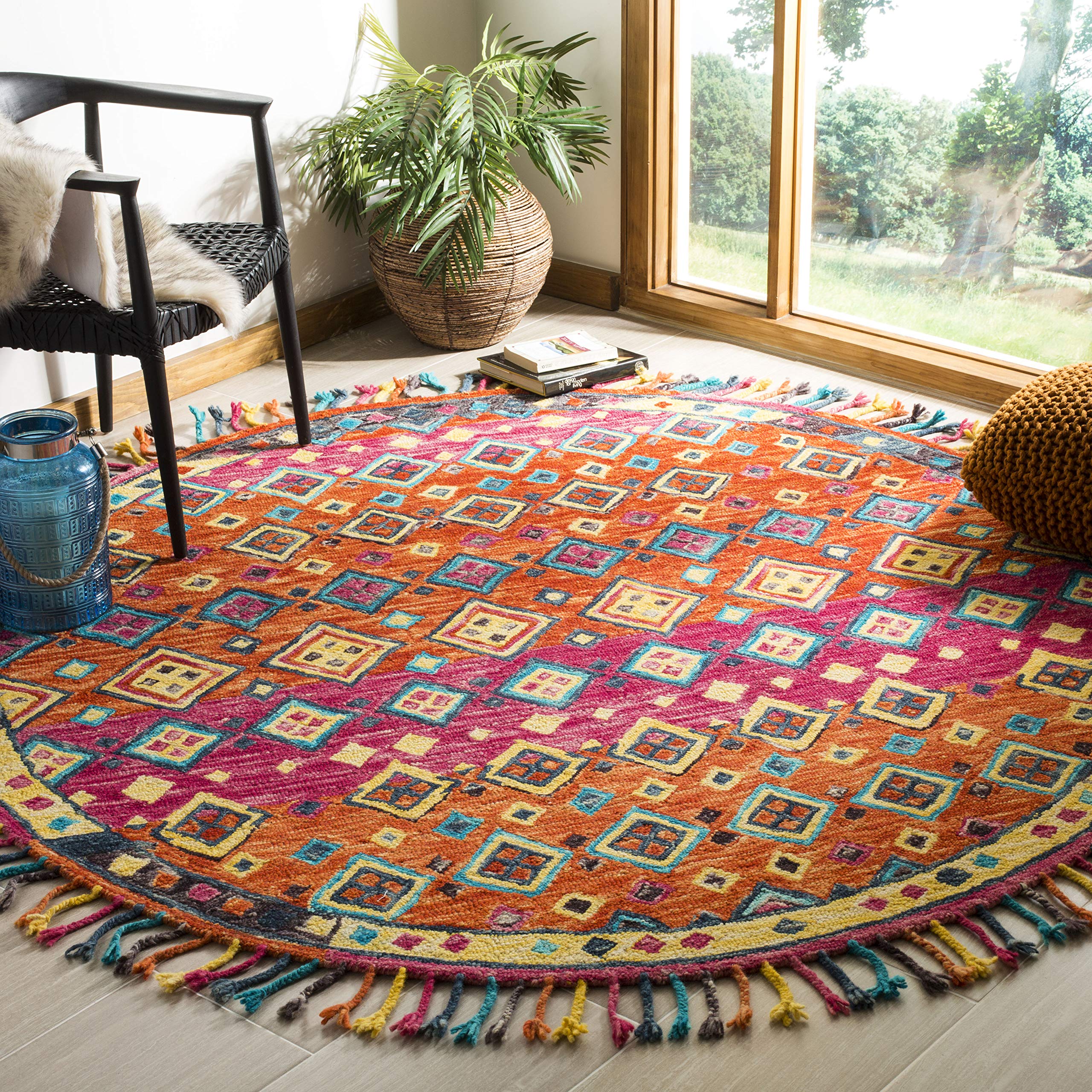 SAFAVIEH Aspen Collection Area Rug - 5' Round, Orange & Fuchsia, Handmade Boho Braided Tassel Wool, Ideal for High Traffic Areas in Living Room, Bedroom (APN138A)