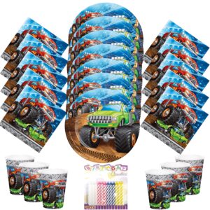 monster truck rally party supplies pack serves 16 dessert plates beverage napkins and cups with birthday candles - monster truck birthday supplies (bundle for 16)