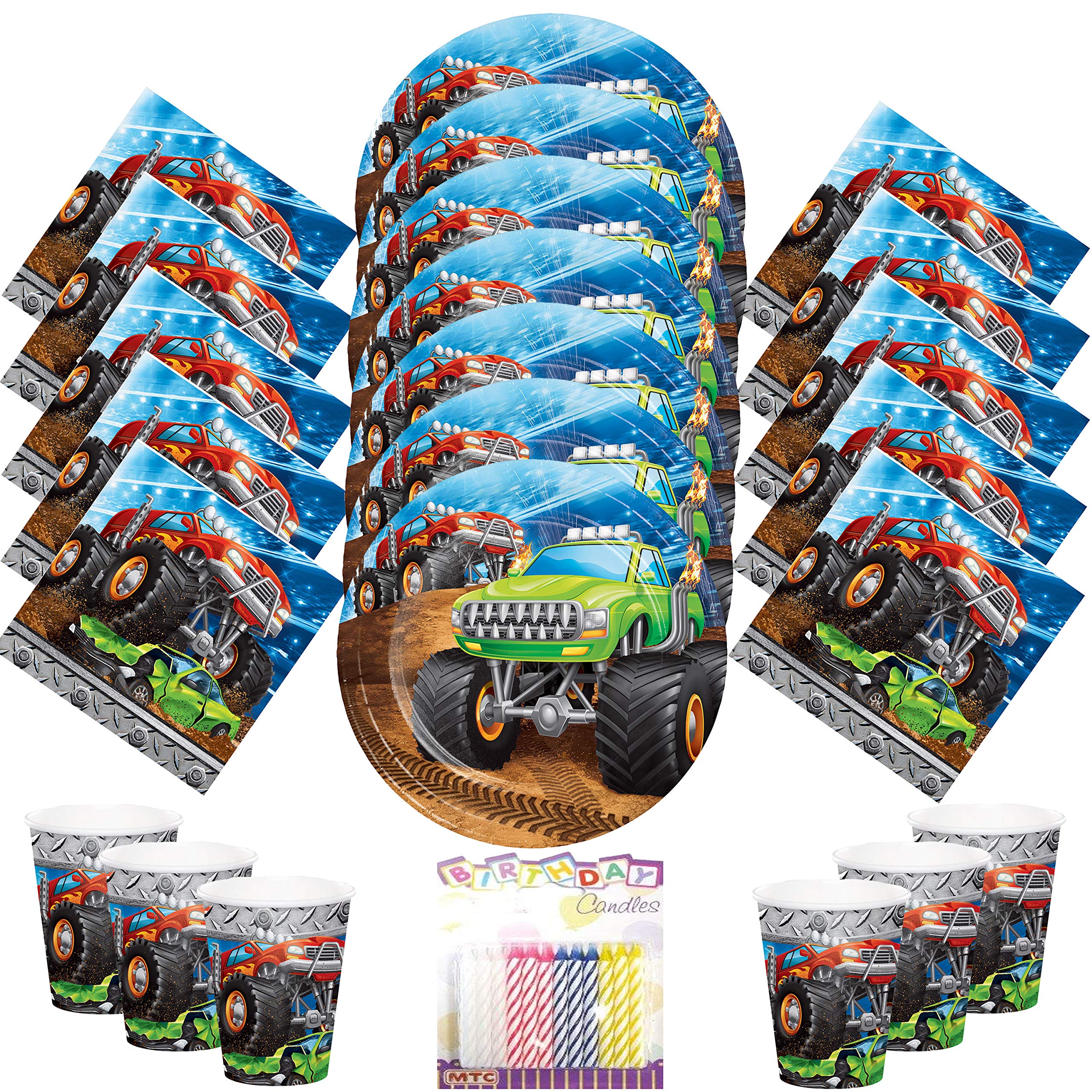 Monster Truck Rally Party Supplies Pack Serves 16 Dessert Plates Beverage Napkins and Cups with Birthday Candles - Monster Truck Birthday Supplies (Bundle for 16)