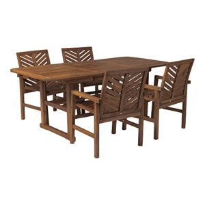 walker edison 4-6 person outdoor wood chevron back patio furniture dining set extendable table chairs all weather backyard conversation garden poolside balcony, 5 piece, dark brown