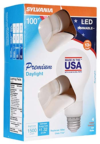 LEDVANCE, Daylight 40243 Sylvania 100 Watt Equivalent, A21 LED Light Bulbs, Dimmable, Color 5000K, Made in The USA with US and Global Parts, 4 Pack