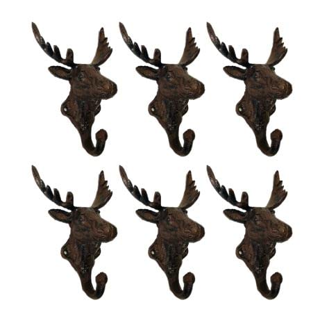 Midwest Craft House 6 Rustic Elk Moose Wall Hooks for Coats, Hats, Purses, Mud Rooms, Bars, Restoration, Cabins, Gifts, Purses, Dog Leashes, Hunters, Rustic Brown Farmhouse Color