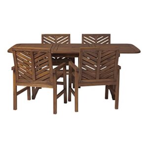 Walker Edison 4-6 Person Outdoor Wood Chevron Back Patio Furniture Dining Set Extendable Table Chairs All Weather Backyard Conversation Garden Poolside Balcony, 5 Piece, Dark Brown