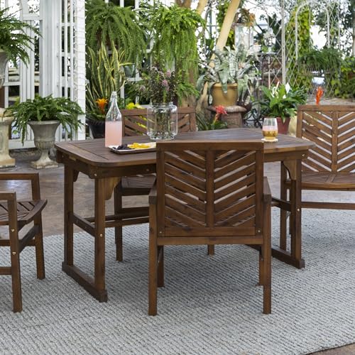 Walker Edison 4-6 Person Outdoor Wood Chevron Back Patio Furniture Dining Set Extendable Table Chairs All Weather Backyard Conversation Garden Poolside Balcony, 5 Piece, Dark Brown