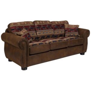 hawthorne collections 20.5" farmhouse leather wildlife pattern sofa in brown