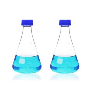 ulab scientific erlenmeyer flasks with blue screw cap, 34oz 1000ml, 3.3 borosilicate with printed graduation, pack of 2, uef1021