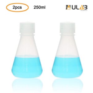 ULAB Scientific Conical Polypropylene Erlenmeyer Flask 8.5oz 250ml Narrow Neck with Screw Cap, Molded Graduations, Pack of 2, UEF1010