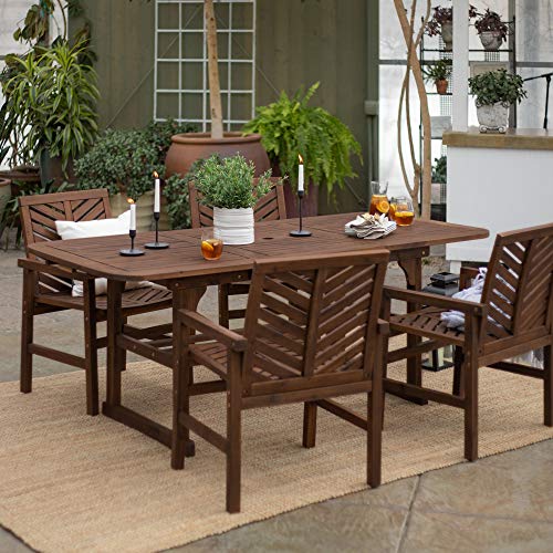 Walker Edison 4-6 Person Outdoor Wood Chevron Back Patio Furniture Dining Set Extendable Table Chairs All Weather Backyard Conversation Garden Poolside Balcony, 5 Piece, Dark Brown