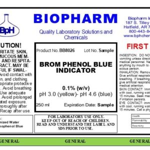 Bromophenol Blue Indicator 0.1% (w/v) Aqueous Solution — 250 mL (8.4 fl oz) — Includes an Empty 50 mL Dropper Bottle and Dispensing Cap — pH 3.0 (Yellow)- pH 4.6 (Blue)