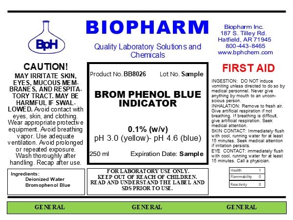 Bromophenol Blue Indicator 0.1% (w/v) Aqueous Solution — 250 mL (8.4 fl oz) — Includes an Empty 50 mL Dropper Bottle and Dispensing Cap — pH 3.0 (Yellow)- pH 4.6 (Blue)