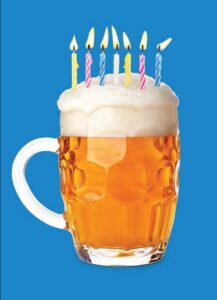 tracks publishing ltd beer mug with candles on sparkling blue glitter background funny birthday card