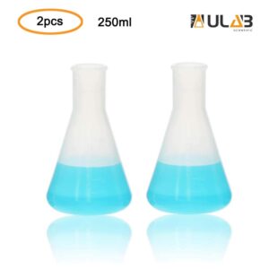 ULAB Scientific Conical Polypropylene Erlenmeyer Flask 8.5oz 250ml Narrow Neck Without Cap, Molded Graduations, Pack of 2, UEF1013