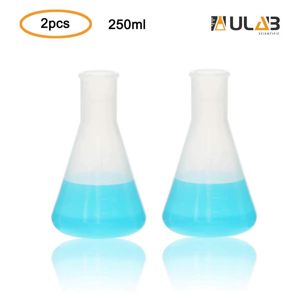 ULAB Scientific Conical Polypropylene Erlenmeyer Flask 8.5oz 250ml Narrow Neck Without Cap, Molded Graduations, Pack of 2, UEF1013