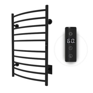 odass | towel warmer | built-in timer with led indicators | timer modes: 1 h to 8 h, on/off | temperature 30 to 60 °c (86 to 140 °f) | wall mounted | 10 curved bars | matte black