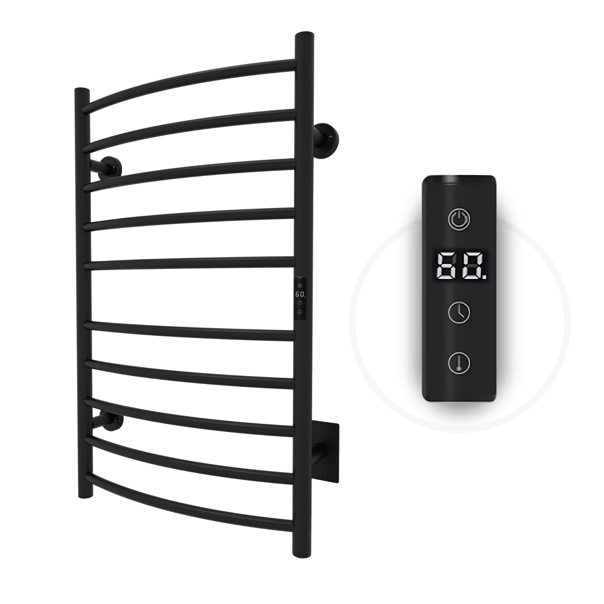 Odass | Towel Warmer | Built-in Timer with Led Indicators | Timer Modes: 1 H to 8 H, ON/Off | Temperature 30 to 60 °C (86 to 140 °F) | Wall Mounted | 10 Curved Bars | Matte Black