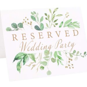 Reserved Wedding Table Sign | Set of 6 Watercolor White and Gold with Eucalyptus Greenery Signs Including Seating for Bride's Family Groom's Family and Wedding Party | Freestanding Double Sided