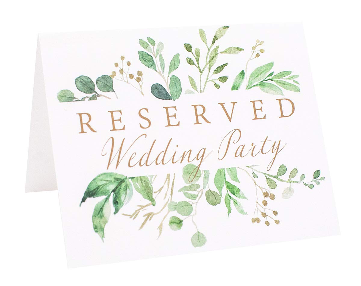 Reserved Wedding Table Sign | Set of 6 Watercolor White and Gold with Eucalyptus Greenery Signs Including Seating for Bride's Family Groom's Family and Wedding Party | Freestanding Double Sided