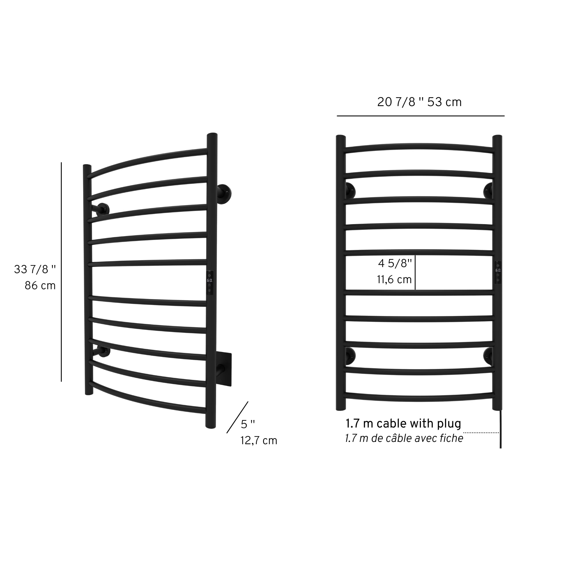 Odass | Towel Warmer | Built-in Timer with Led Indicators | Timer Modes: 1 H to 8 H, ON/Off | Temperature 30 to 60 °C (86 to 140 °F) | Wall Mounted | 10 Curved Bars | Matte Black