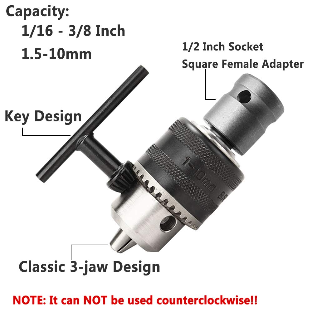 Yakamoz 1.5-10mm 1/16" - 3/8" Capacity Key Drill Chuck for Air Impact Wrench Converter Conversion Tool | 1/2 Inch Socket Square Female Adapter