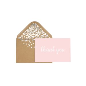 thank you cards - blank 50 pack foiled "thank you" printed with 52 foil embossed kraft envelopes 4" x 6" - for wedding bridal shower baby shower birthday party (pink)