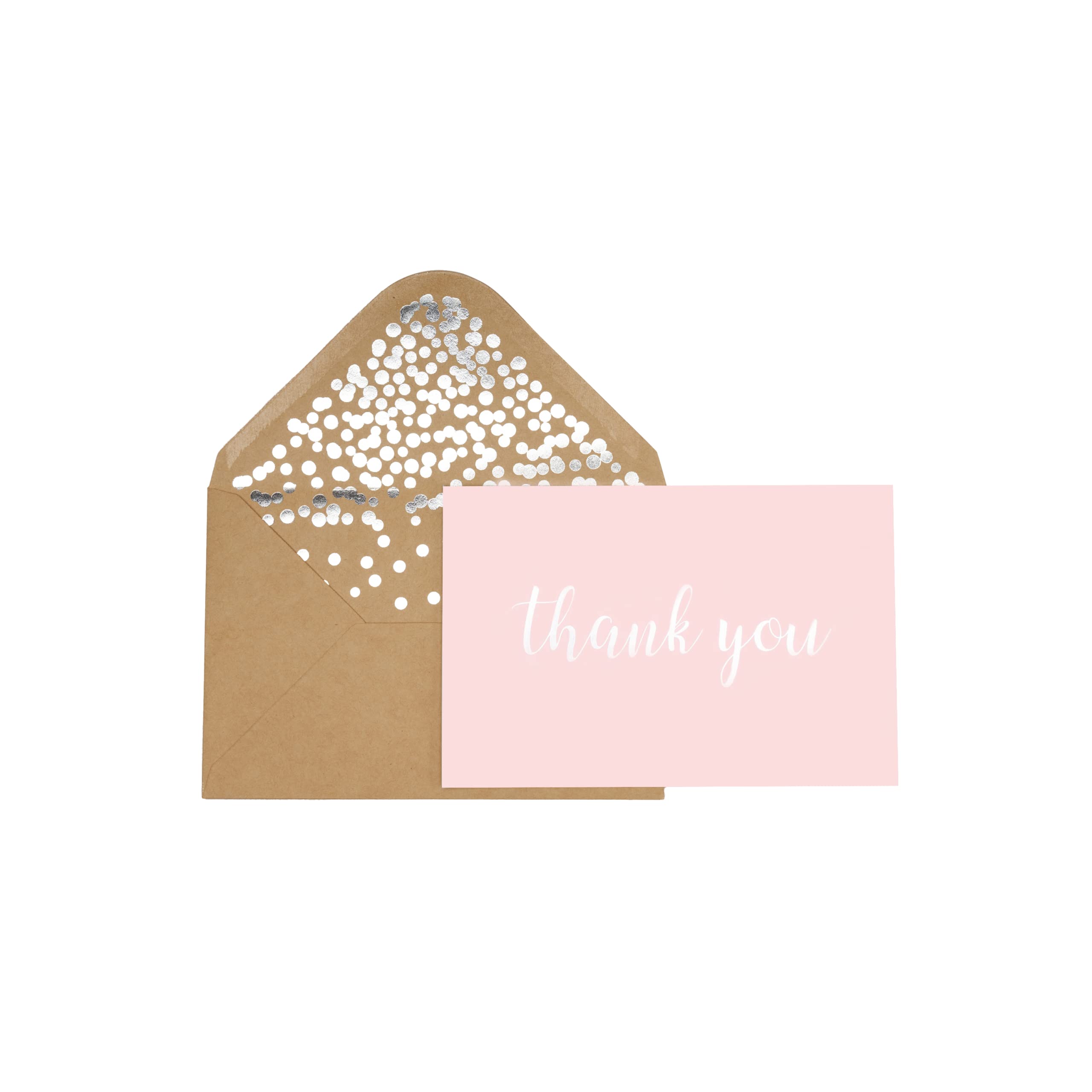 Thank You Cards - Blank 50 Pack Foiled "Thank You" Printed with 52 Foil Embossed Kraft Envelopes 4" x 6" - for Wedding Bridal Shower Baby Shower Birthday Party (Pink)