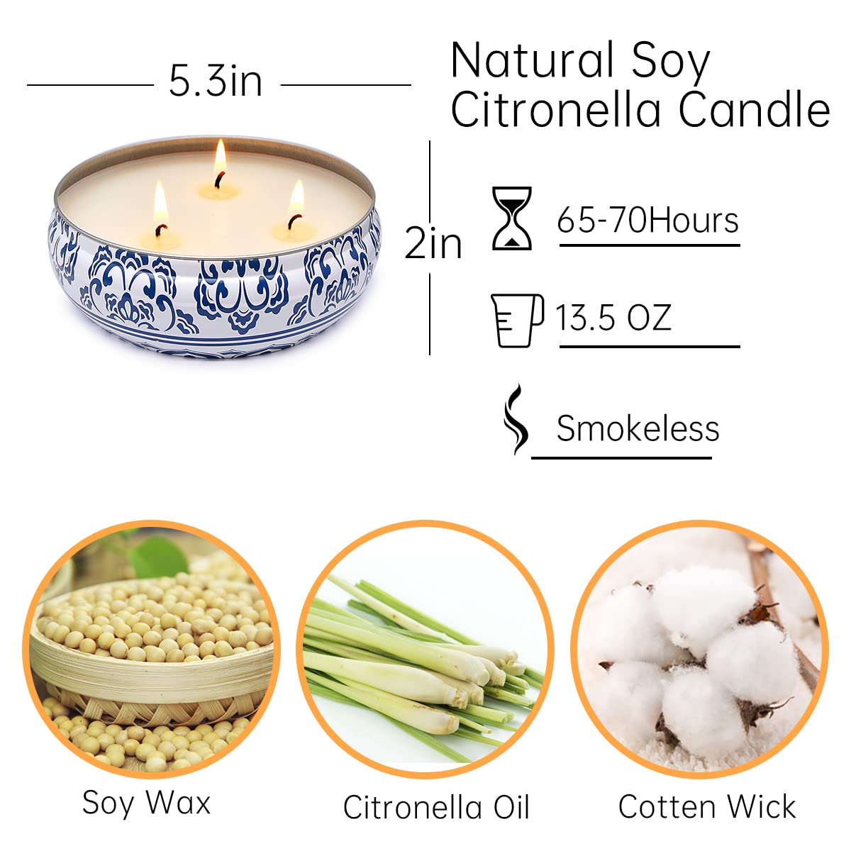 Large Citronella Candles Outdoor and Indoor, 13.5oz 3-Wick Soy Wax Portable Travel Tin Candle for Home Garden Patio Yard Balcony and Summer Gift