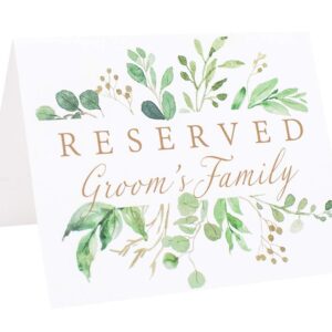 Reserved Wedding Table Sign | Set of 6 Watercolor White and Gold with Eucalyptus Greenery Signs Including Seating for Bride's Family Groom's Family and Wedding Party | Freestanding Double Sided