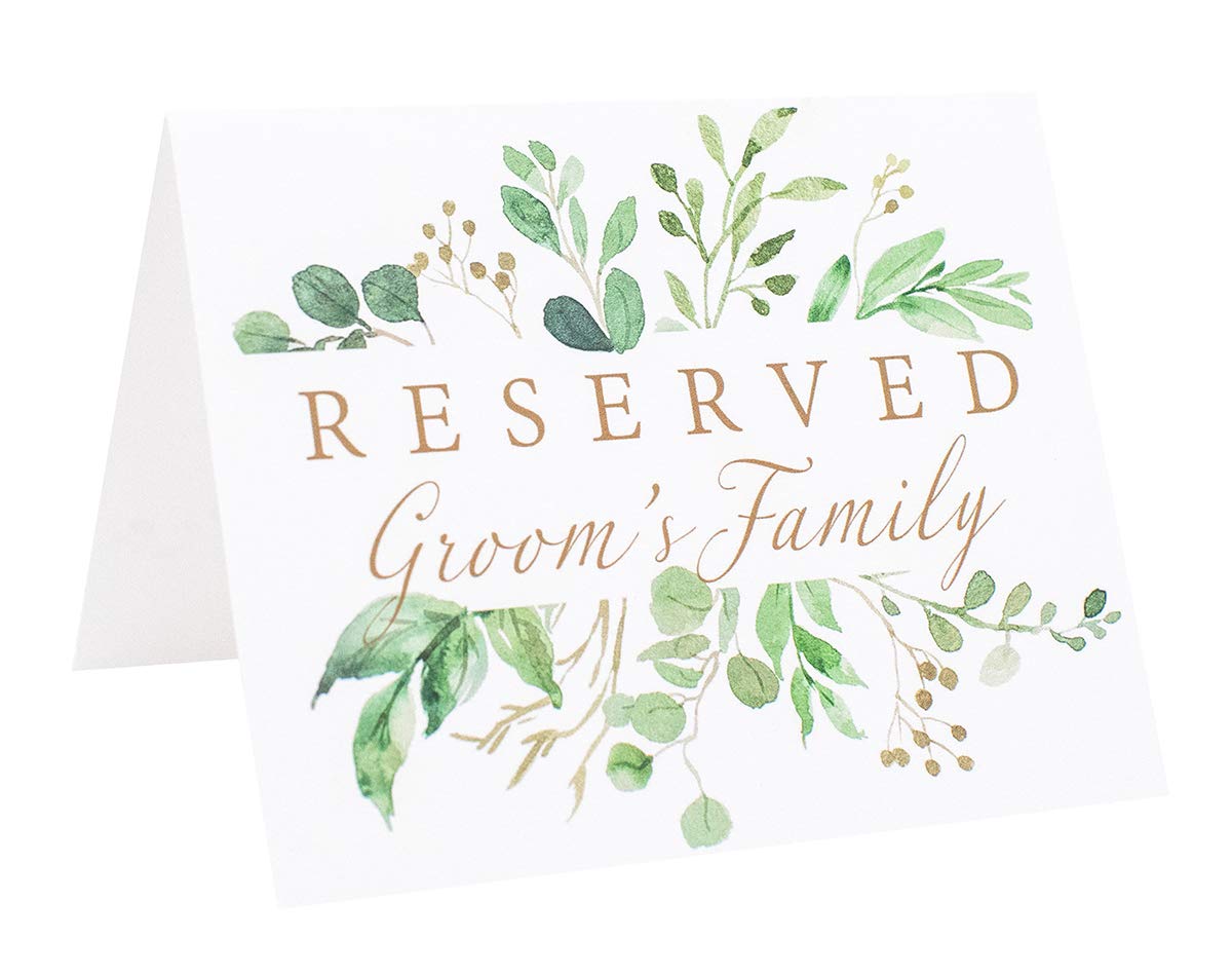 Reserved Wedding Table Sign | Set of 6 Watercolor White and Gold with Eucalyptus Greenery Signs Including Seating for Bride's Family Groom's Family and Wedding Party | Freestanding Double Sided