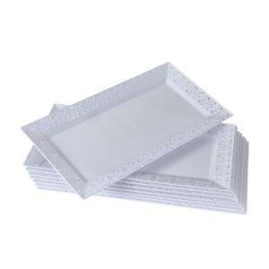 silver spoons disposable lace trays | for upscale wedding and dining | 6 pc | white | 14” x 7.5” -