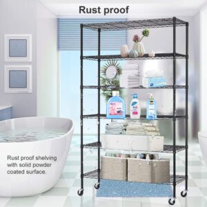 6 Tier Wire Shelving Unit Rack NSF Heavy Duty Height Adjustable Storage Shelf Metal Shelving with Wheels/Feet Levelers Garage Rack Kitchen Rack Office Rack Commercial Shelving - Black - 18x48x82