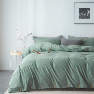 tannicoor 100% washed cotton duvet cover queen size (90x90 inch), 3 pieces (1 sage green duvet cover + 2 pillowcases) soft, cooling, breathable comforter cover set with buttons closure, corner ties