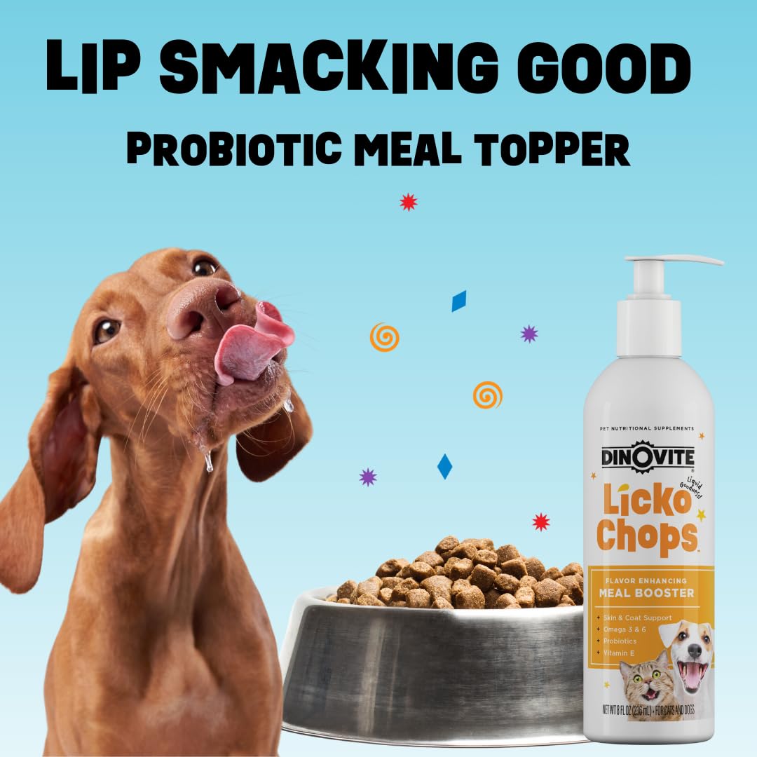 Dinovite Lickochops for Dog & Cat Supplement Enhanced with Omega-6, 3 Fatty Acids, Probiotics and Vitamin E, 16 oz with Pump