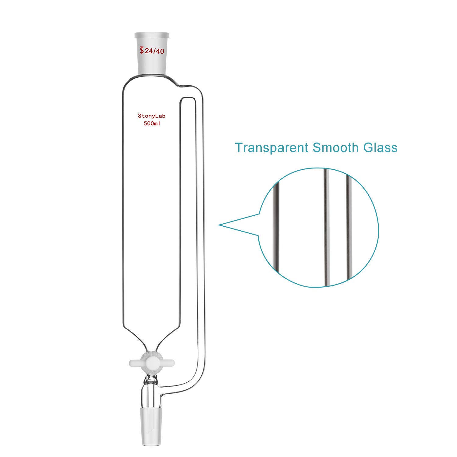 stonylab 500ml Pressure Equalizing Addition Funnel, Borosilicate Glass Dropping Funnel 24/40 Joint with PTFE Stopcock for Laboratory, 500ml